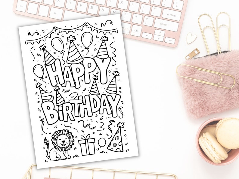 Happy Birthday Lion Printable Coloring Card Digital Download Kids ...