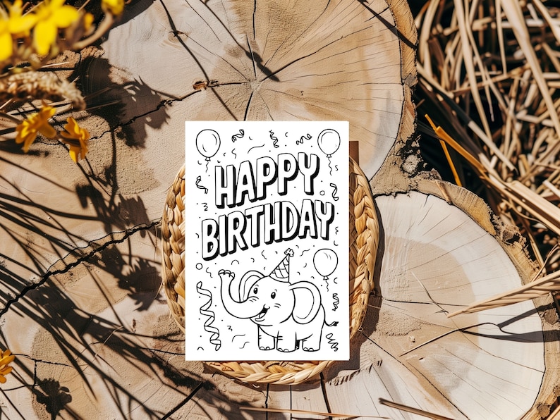 Happy Birthday Elephant Coloring Card Digital Download Printable ...