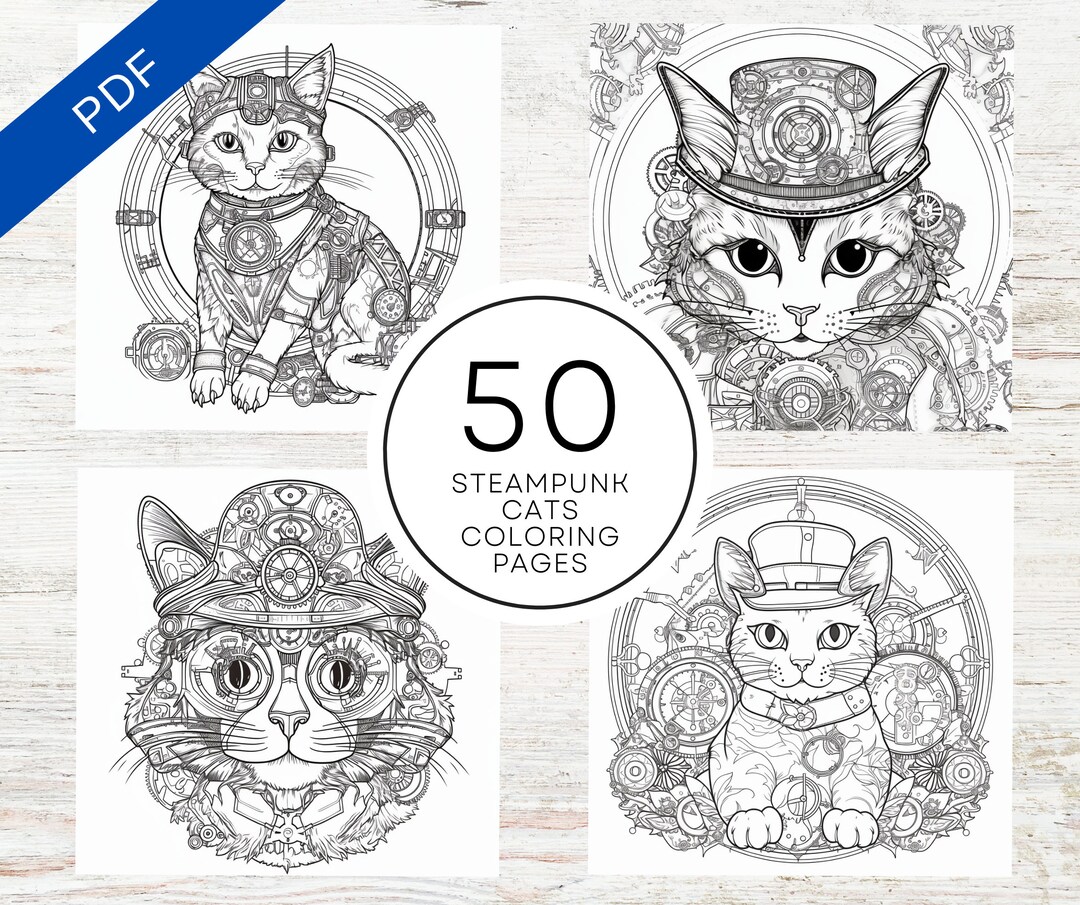 KDP Interior 50 Steampunk Cats Coloring Pages | 8.5" X 11" Printable ...