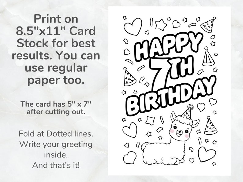 7th Birthday Llama Coloring Card - Printable Birthday Card - Digital ...