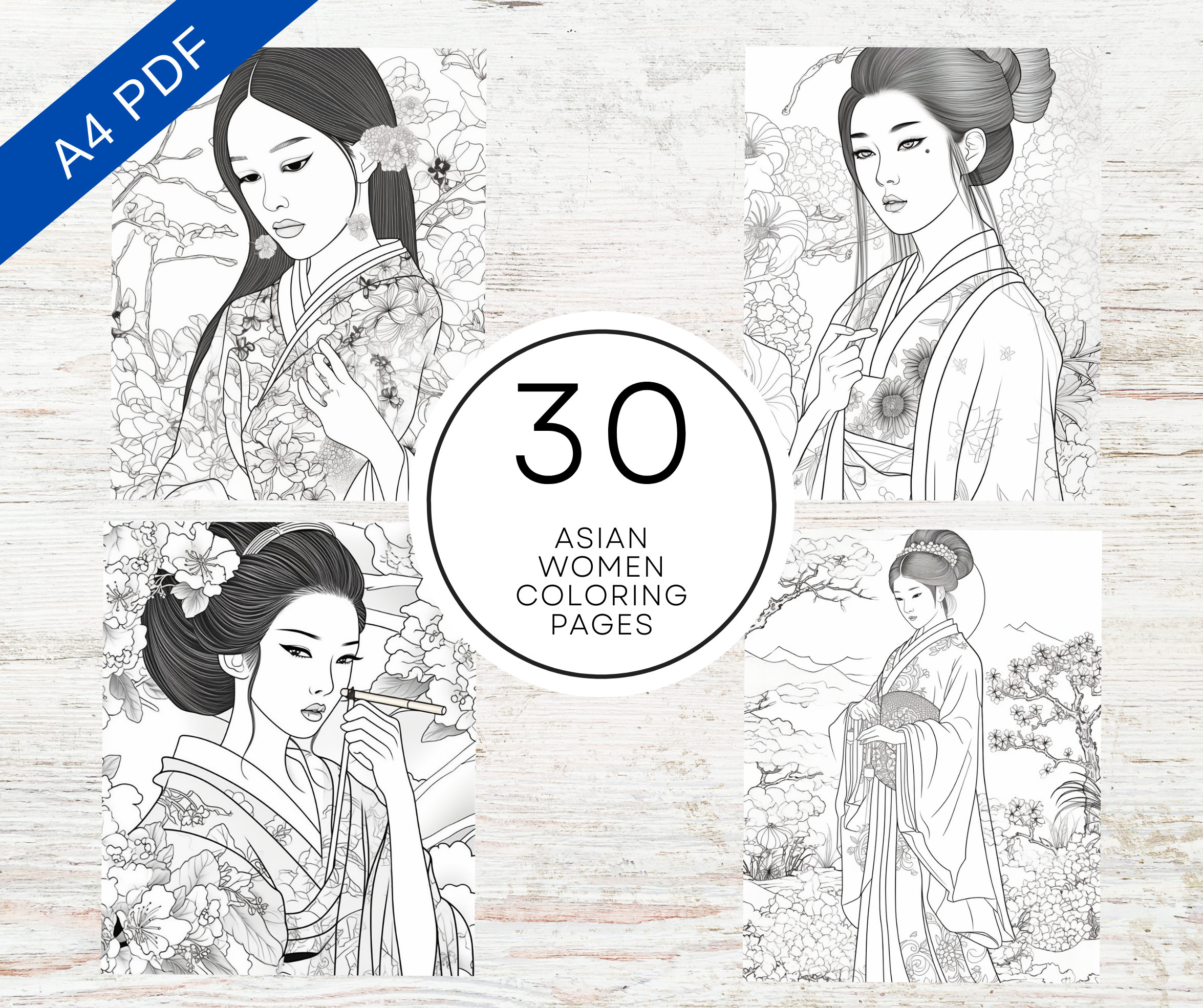 30 Beautiful Asian Women Coloring Pages | Printable PDF A4 | Adult and ...