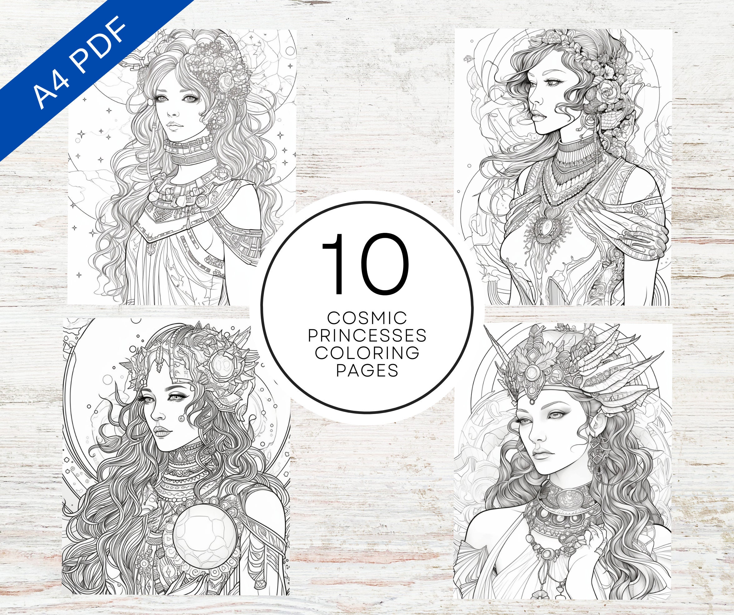 10 Cosmic Princesses Coloring Pages Printable PDF 10 Pages A4 Realistic ...
