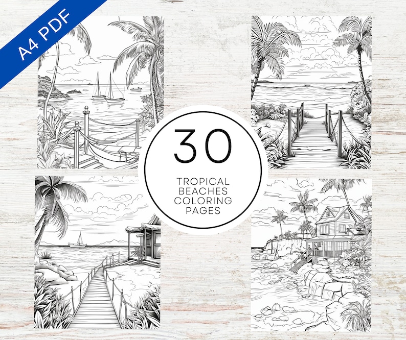 30 Tropical Beaches Coloring Pages | Printable PDF 30 Pages A4 | Summer ...