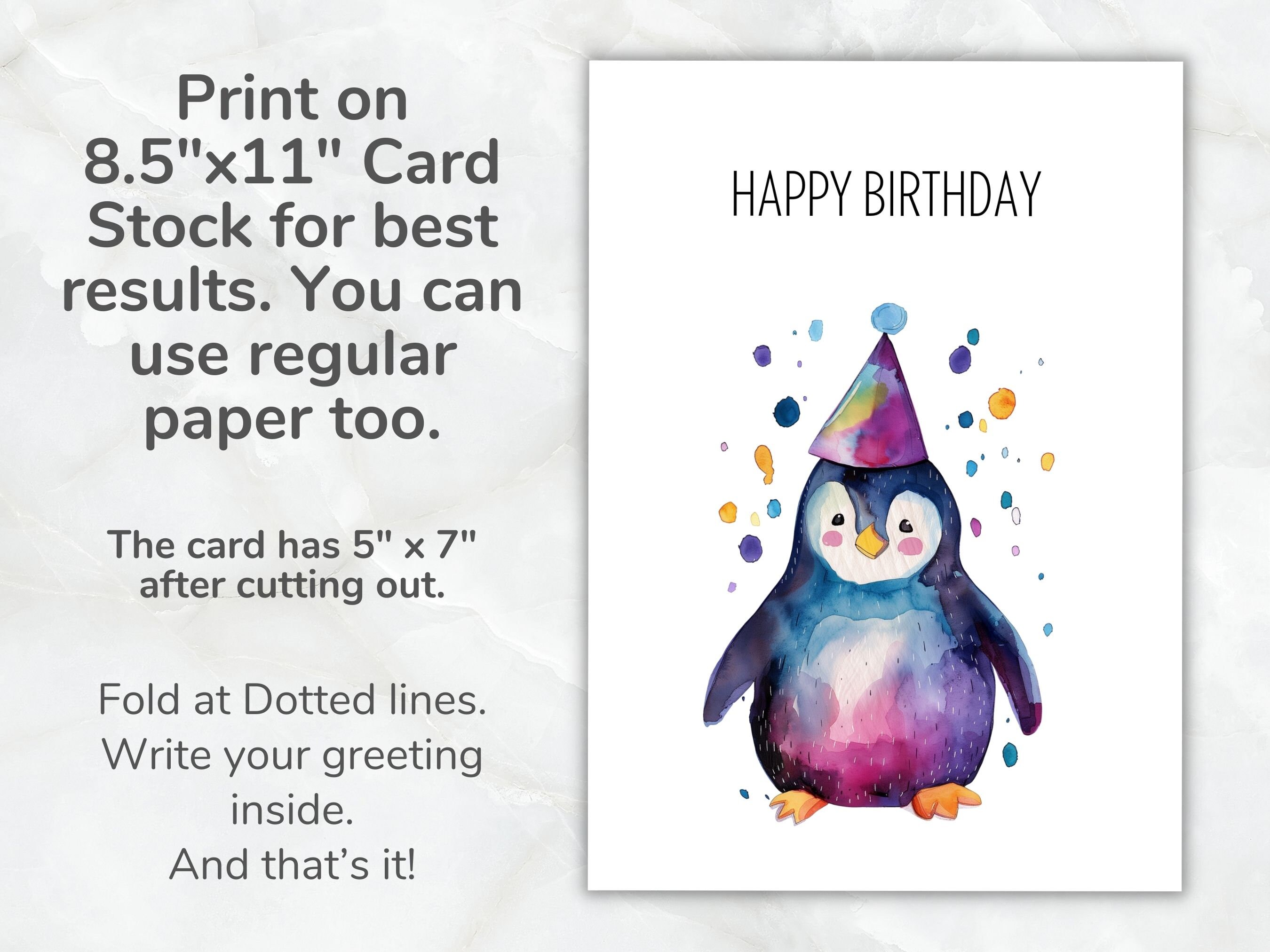 Cute Penguin Birthday Card, Watercolor Printable Greeting Card, Digital ...
