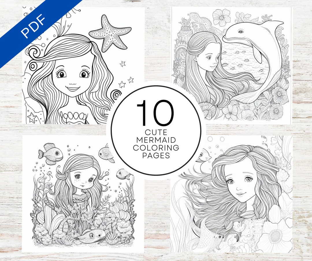 10 Cute Mermaid Coloring Pages | Grayscale Illustrations for Stress ...