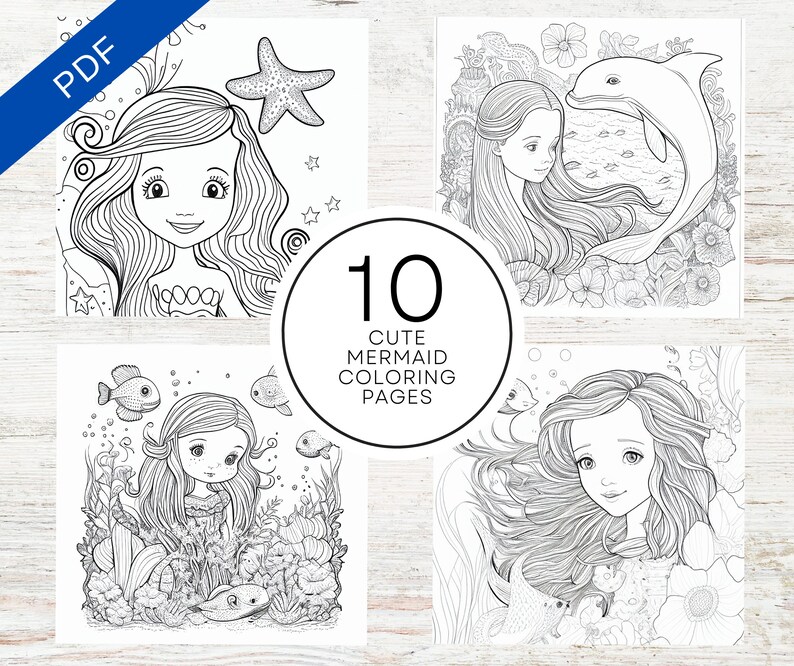 10 Cute Mermaid Coloring Pages | Grayscale Illustrations for Stress ...