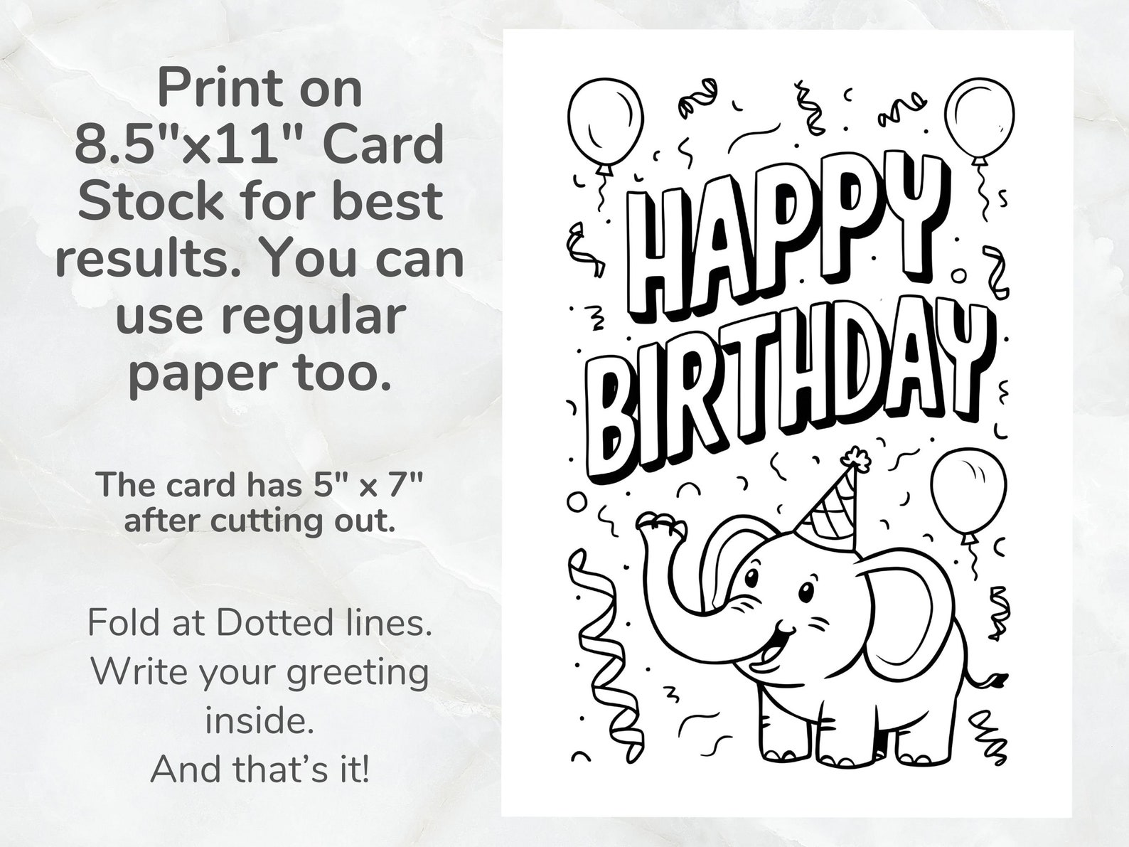 Happy Birthday Elephant Coloring Card | Digital Download | Printable ...