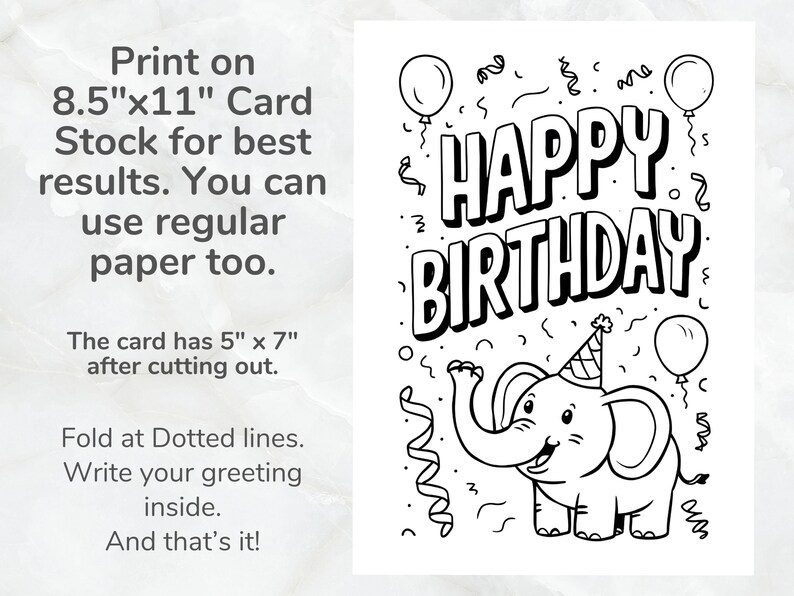 Happy Birthday Elephant Coloring Card | Digital Download | Printable ...
