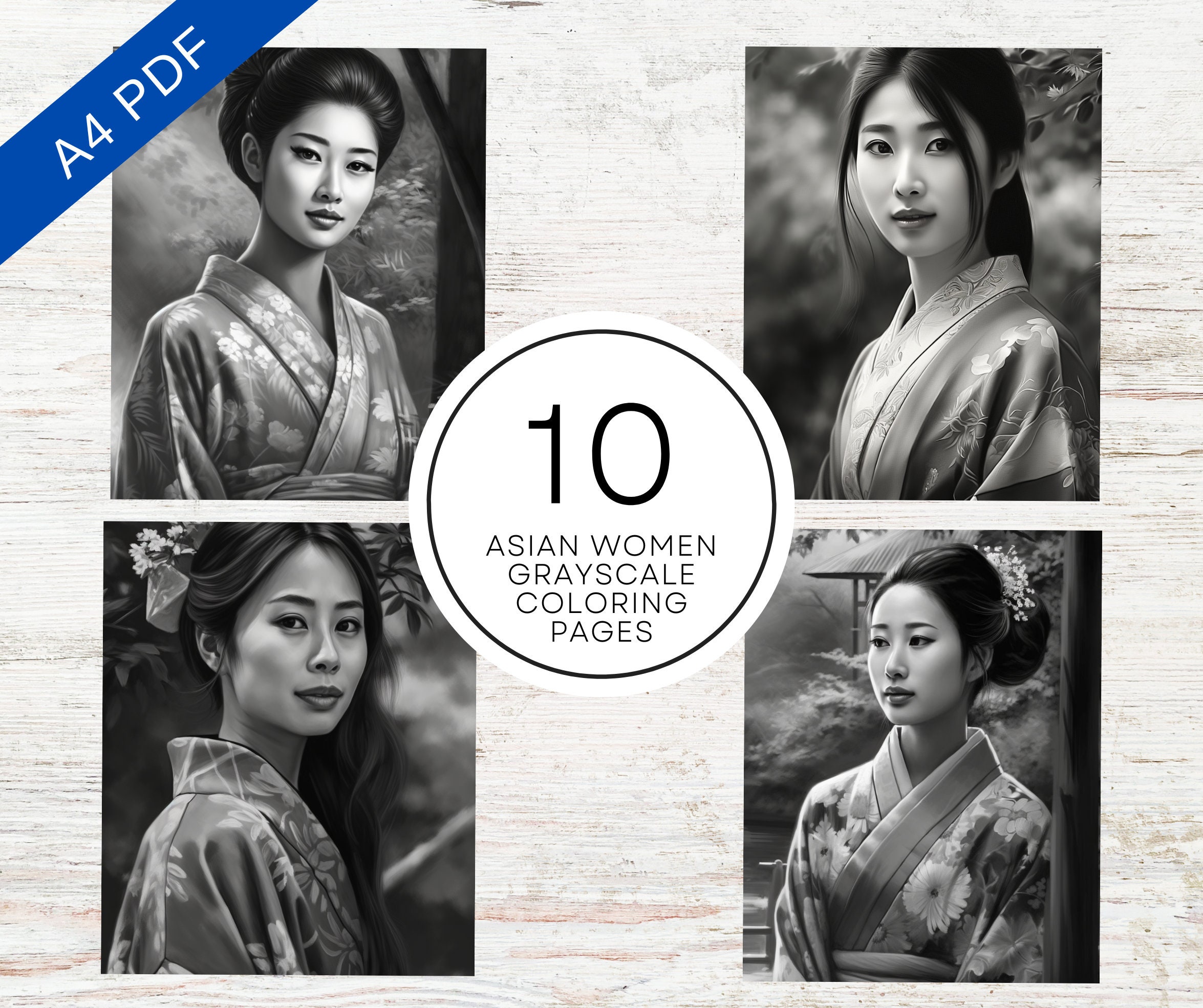 10 Grayscale Asian Traditional Women Coloring Pages for Adults ...