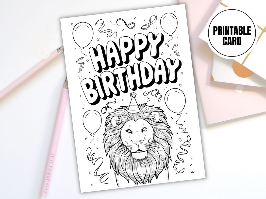 Happy Birthday Lion Printable Coloring Card | Cute Animal Digital ...