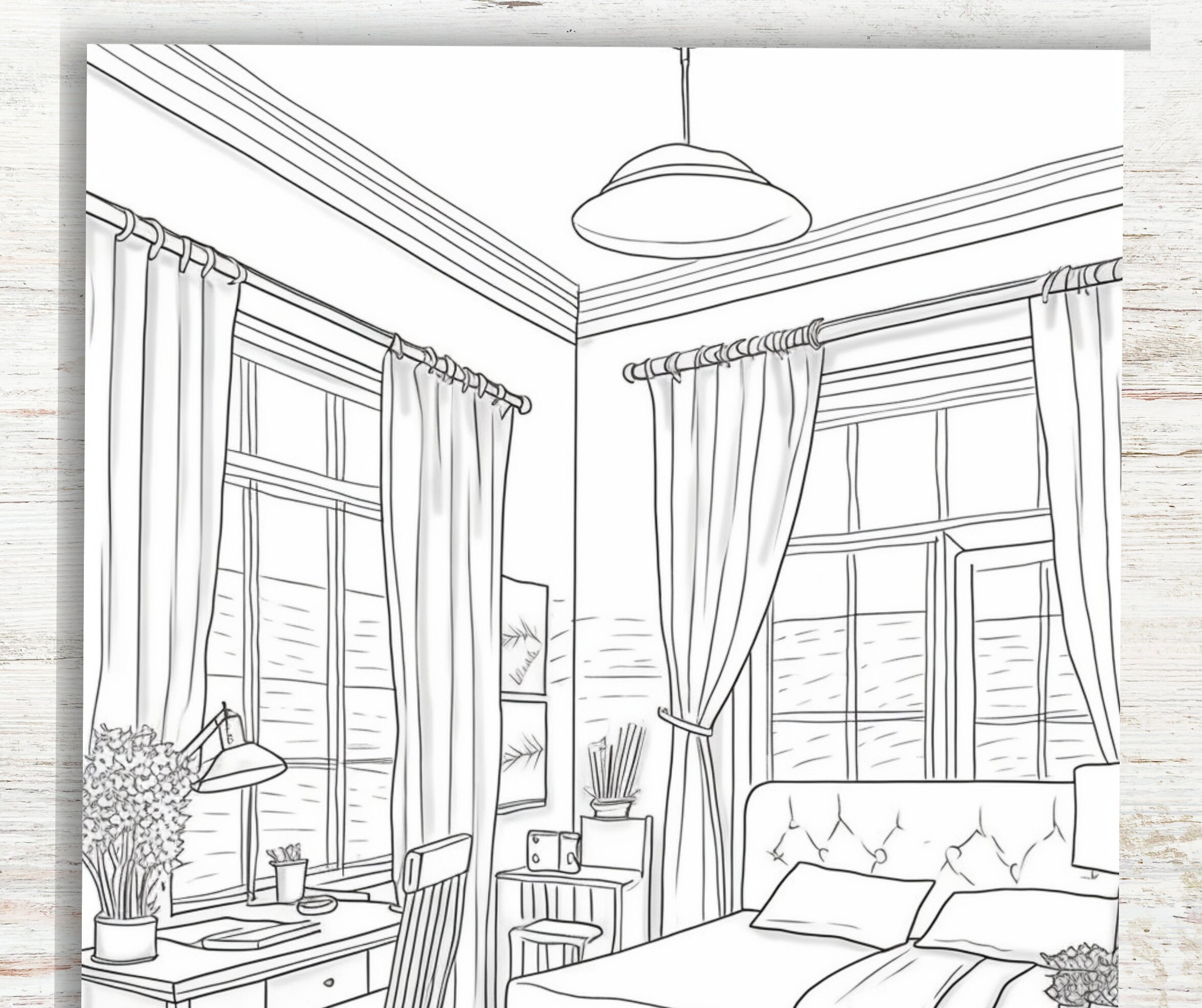 10 Bedroom Interior Coloring Pages for Adults A4 Printable PDF Stress ...