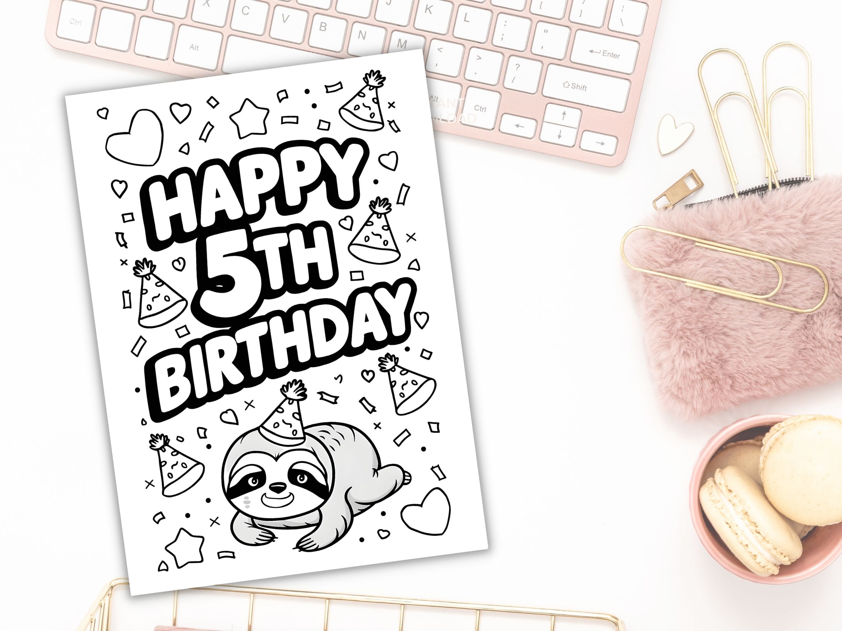 5th Birthday Sloth Coloring Card Printable | Digital Download Birthday ...