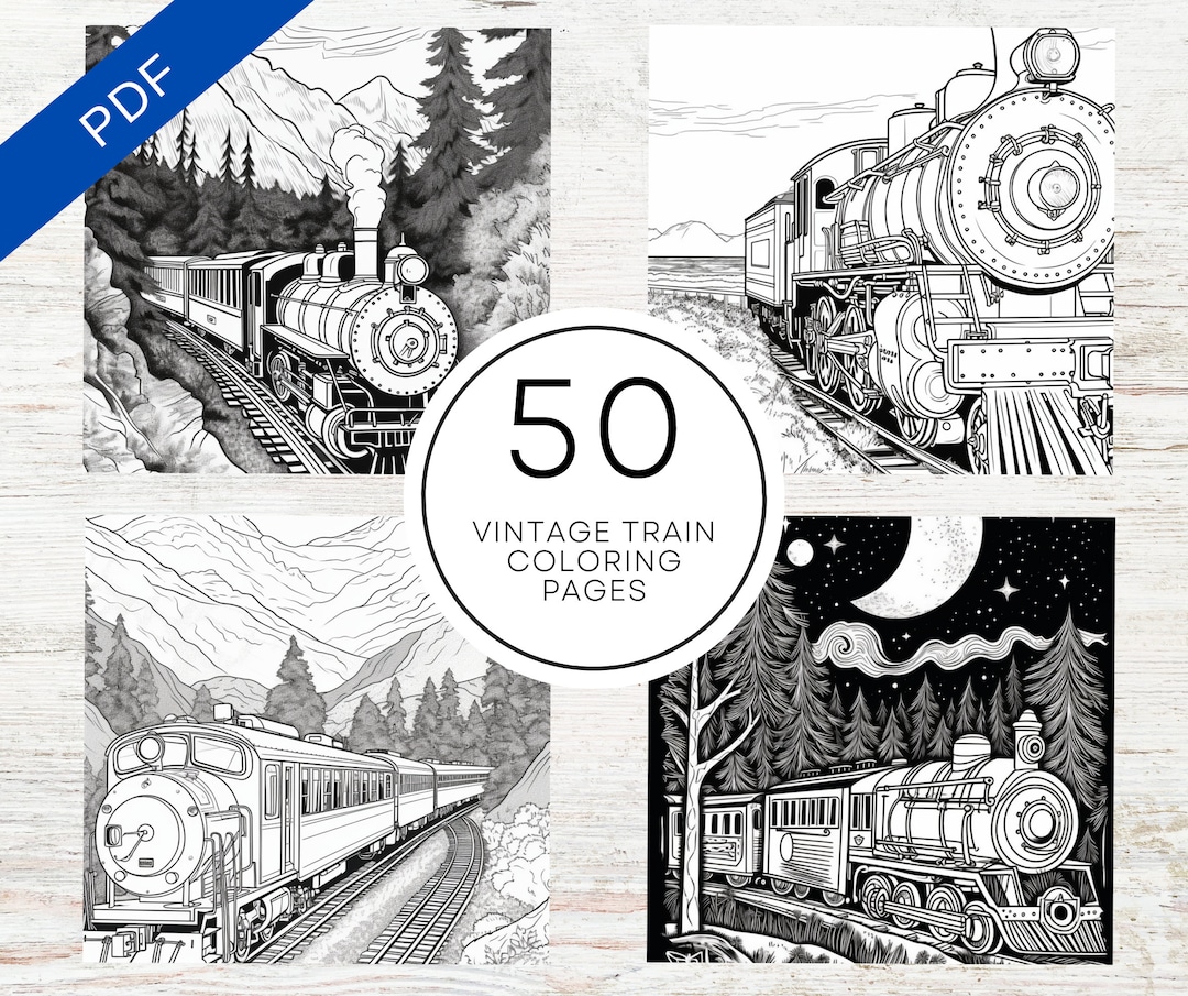 KDP Interior 50 Vintage Train Coloring Pages | 8.5" X 11" Printable PDF ...