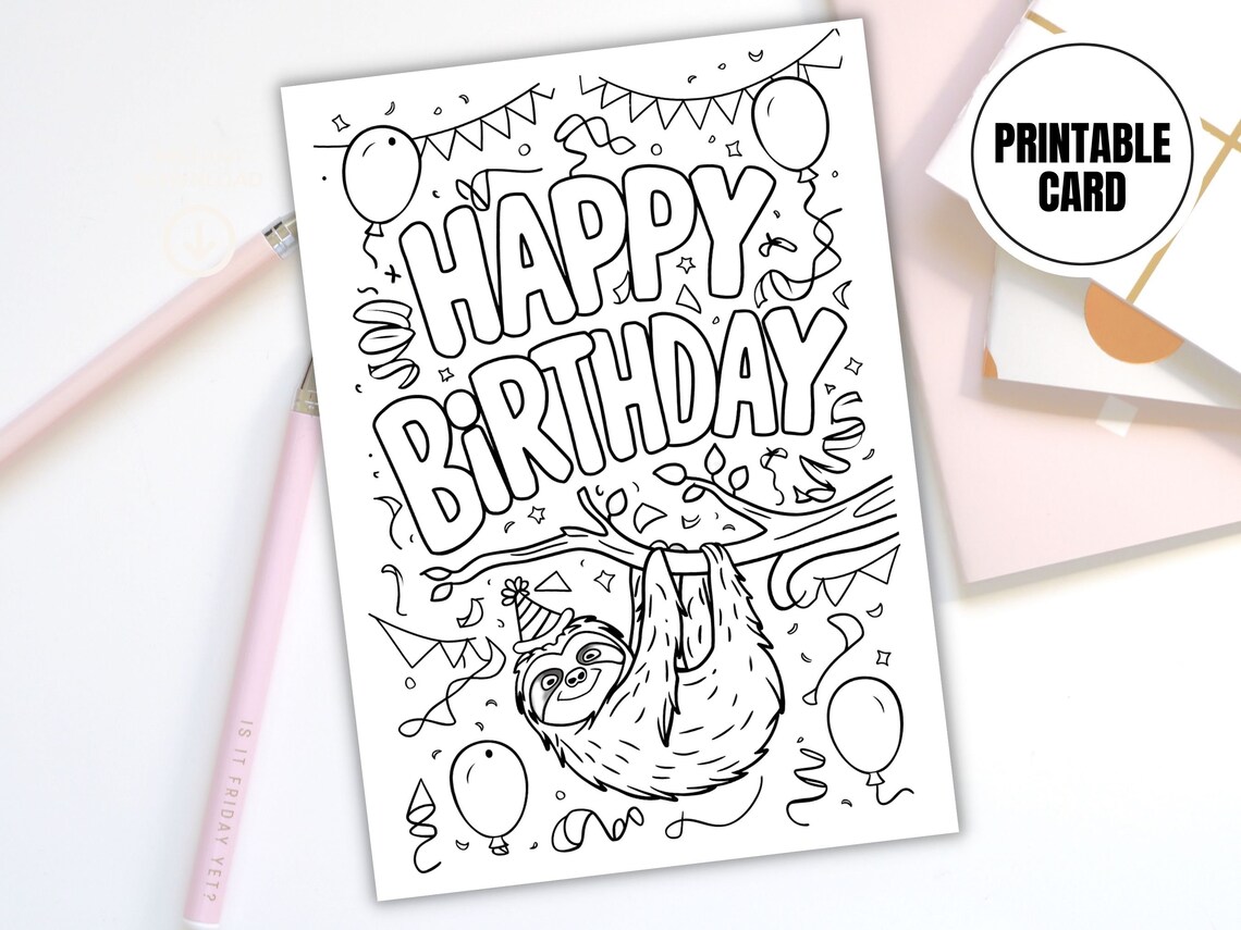 Happy Birthday Sloth Printable Coloring Card Digital Download Kid's ...