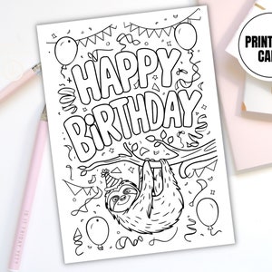 Happy Birthday Sloth Printable Coloring Card | Digital Download Kid's ...