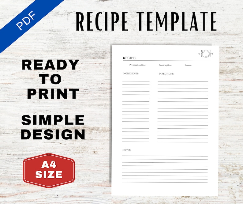 Blank Recipe Book Printable PDF | A4 | Family Cookbook Template | Clean ...