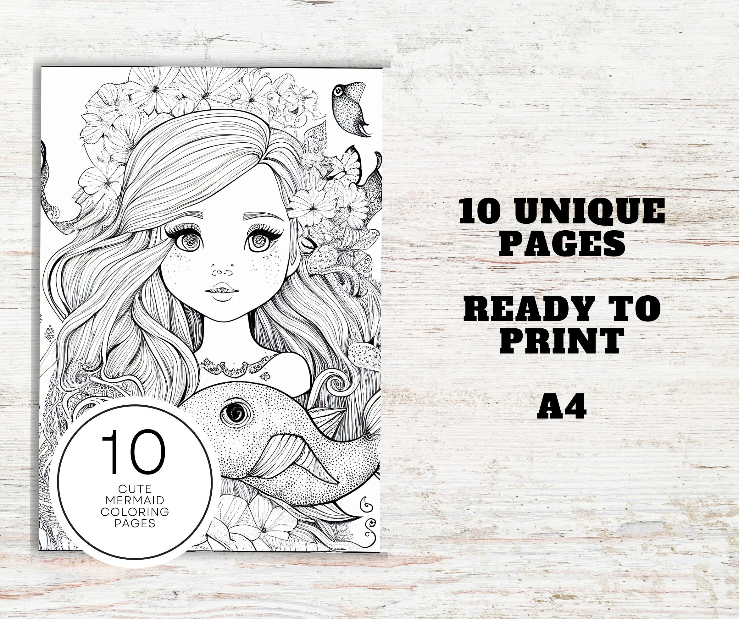 10 Cute Mermaid Coloring Pages Grayscale Illustrations for Stress ...