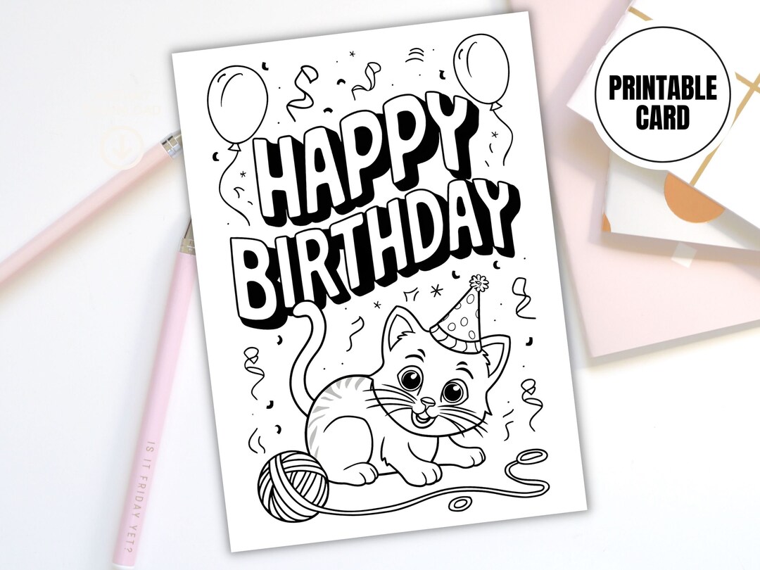 Happy Birthday Cat Printable Coloring Card | Digital Download | Cat ...