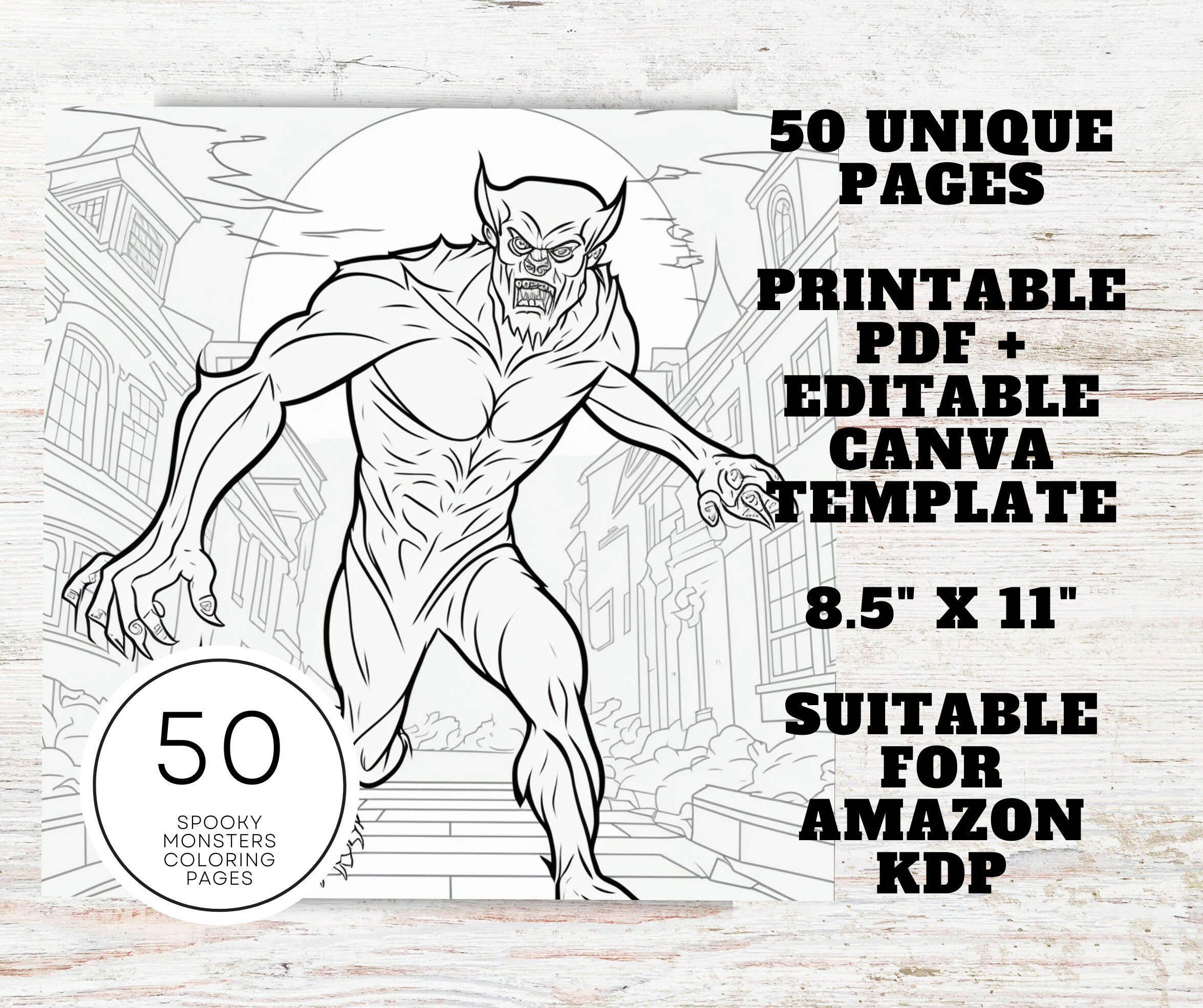 KDP Interior 50 Spooky Monster Coloring Pages 8.5 X 11 Canva Template ...