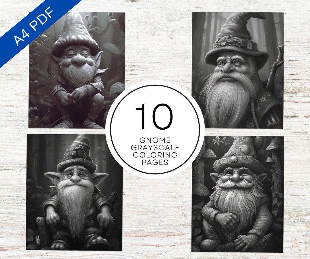 10 Grayscale Gnome Coloring Pages for Adults | Digital Fantasy Coloring ...