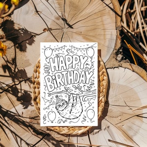 Happy Birthday Sloth Printable Coloring Card | Digital Download Kid's ...