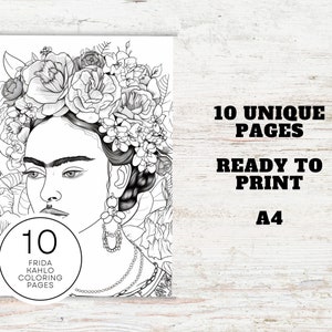 10 Frida Kahlo Portrait Coloring Pages Printable PDF A4 Floral Adult ...