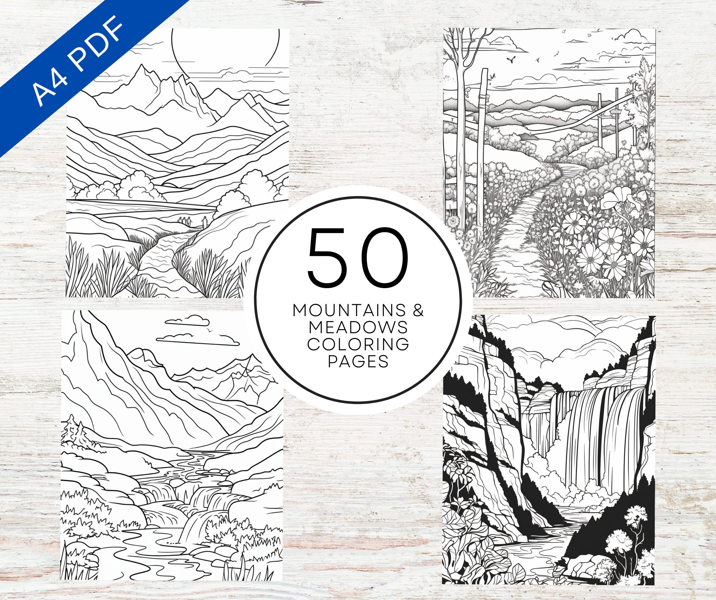 50 Mountains & Meadows Landscapes Coloring Pages | A4 Printable PDF ...