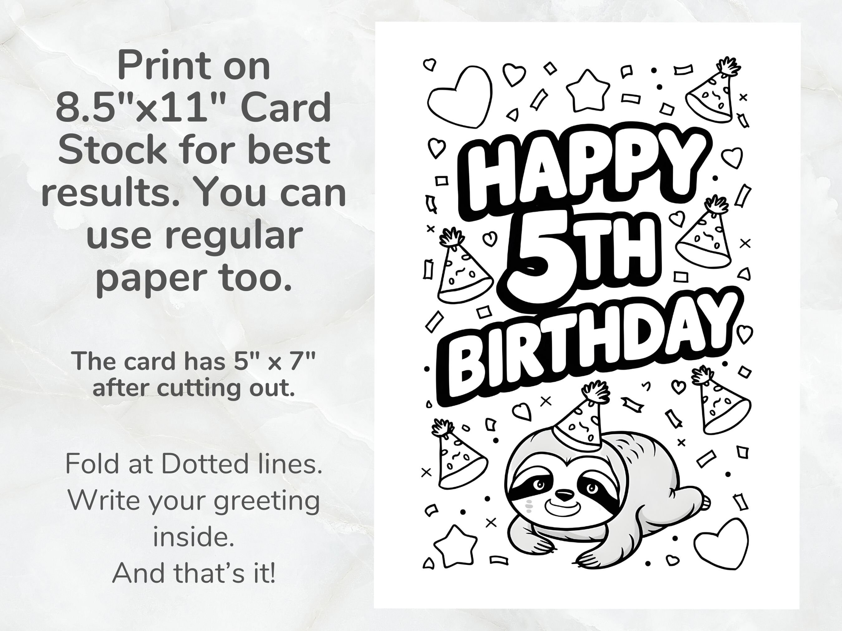 5th Birthday Sloth Coloring Card Printable | Digital Download Birthday ...