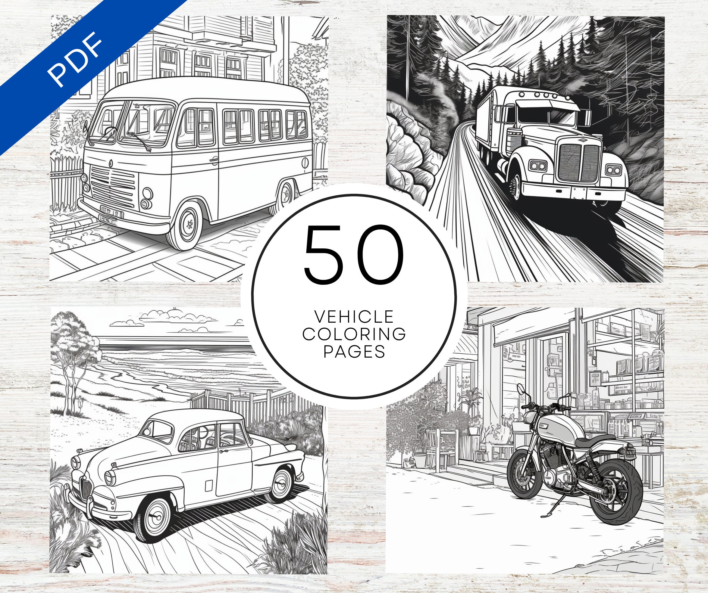 KDP Interior 50 Vehicle Coloring Pages | 8.5" X 11" Printable PDF ...
