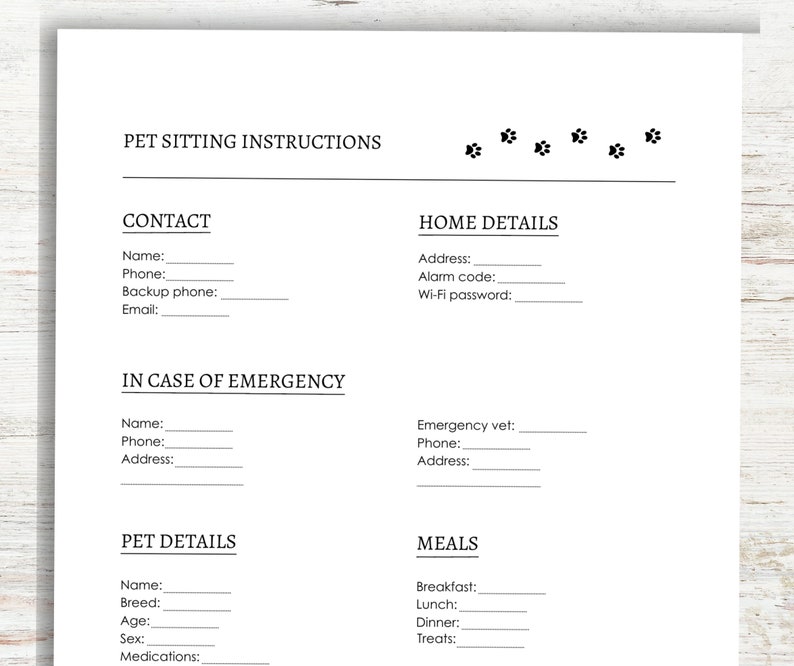 Simple Pet Sitter Instructions Printable PDF | A4 & 8.5x11 | Dog Cat ...