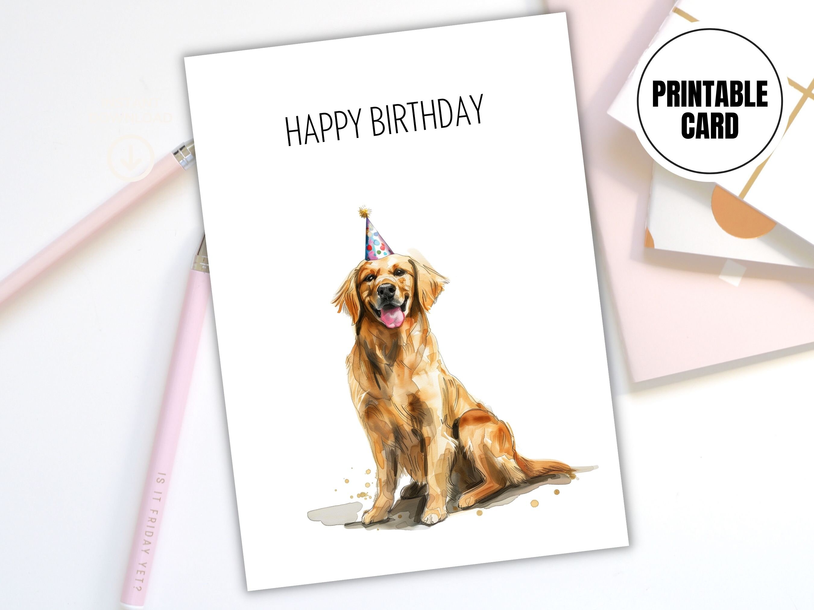 Golden Retriever Birthday Card, Cute Minimalist Printable Digital ...