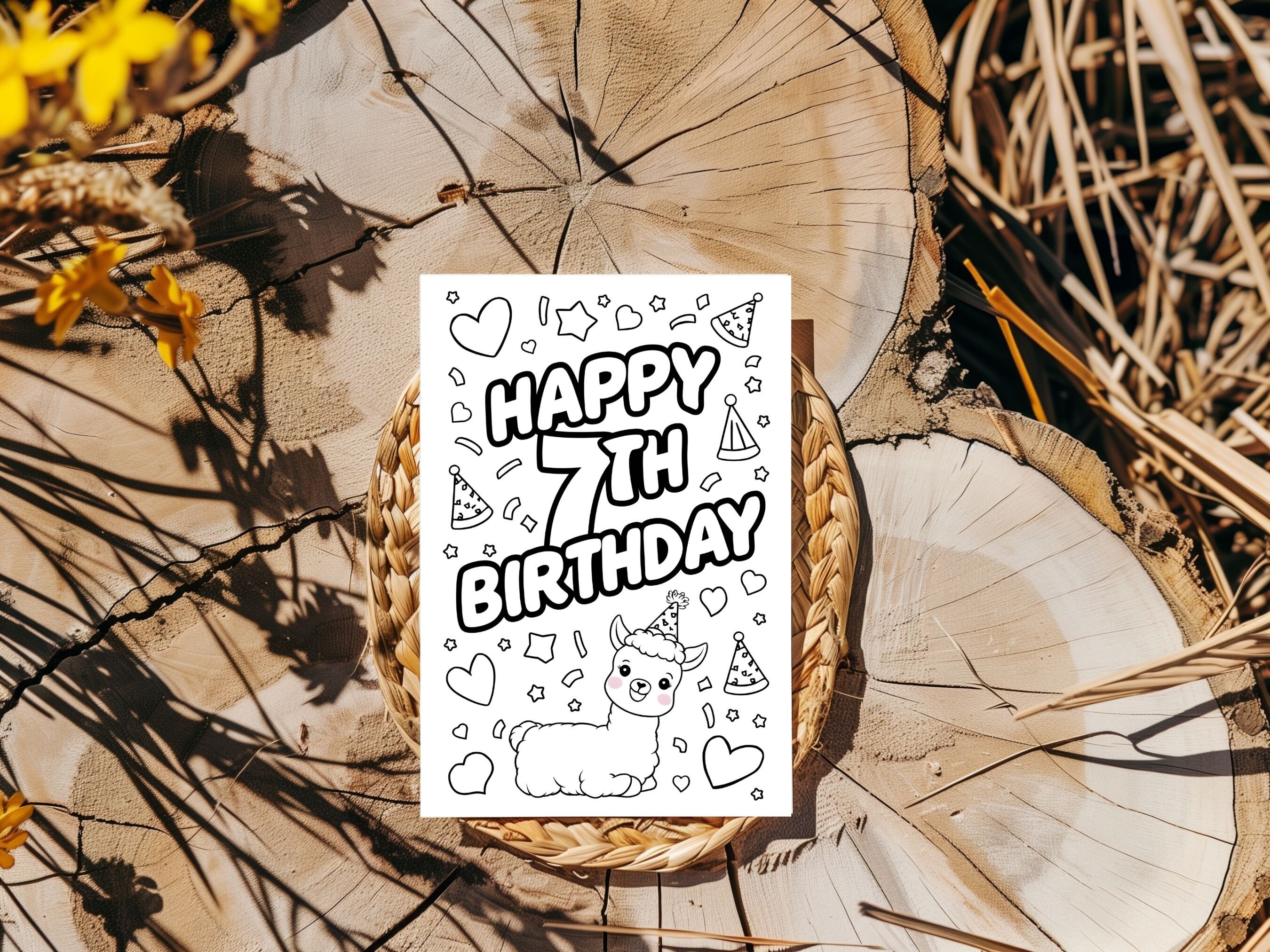 7th Birthday Llama Coloring Card Printable Birthday Card Digital ...