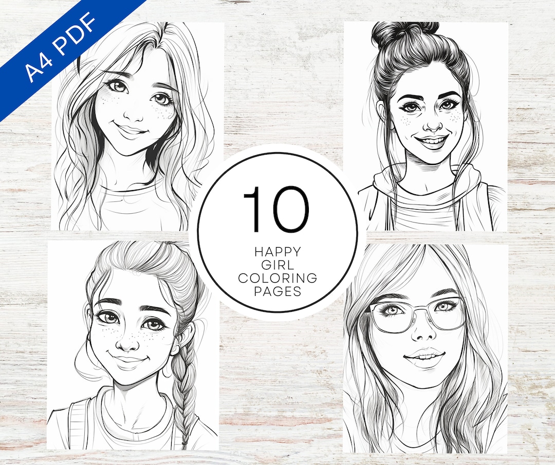 10 Happy Girl Coloring Pages | Printable PDF A4 | Cute Coloring Sheets ...