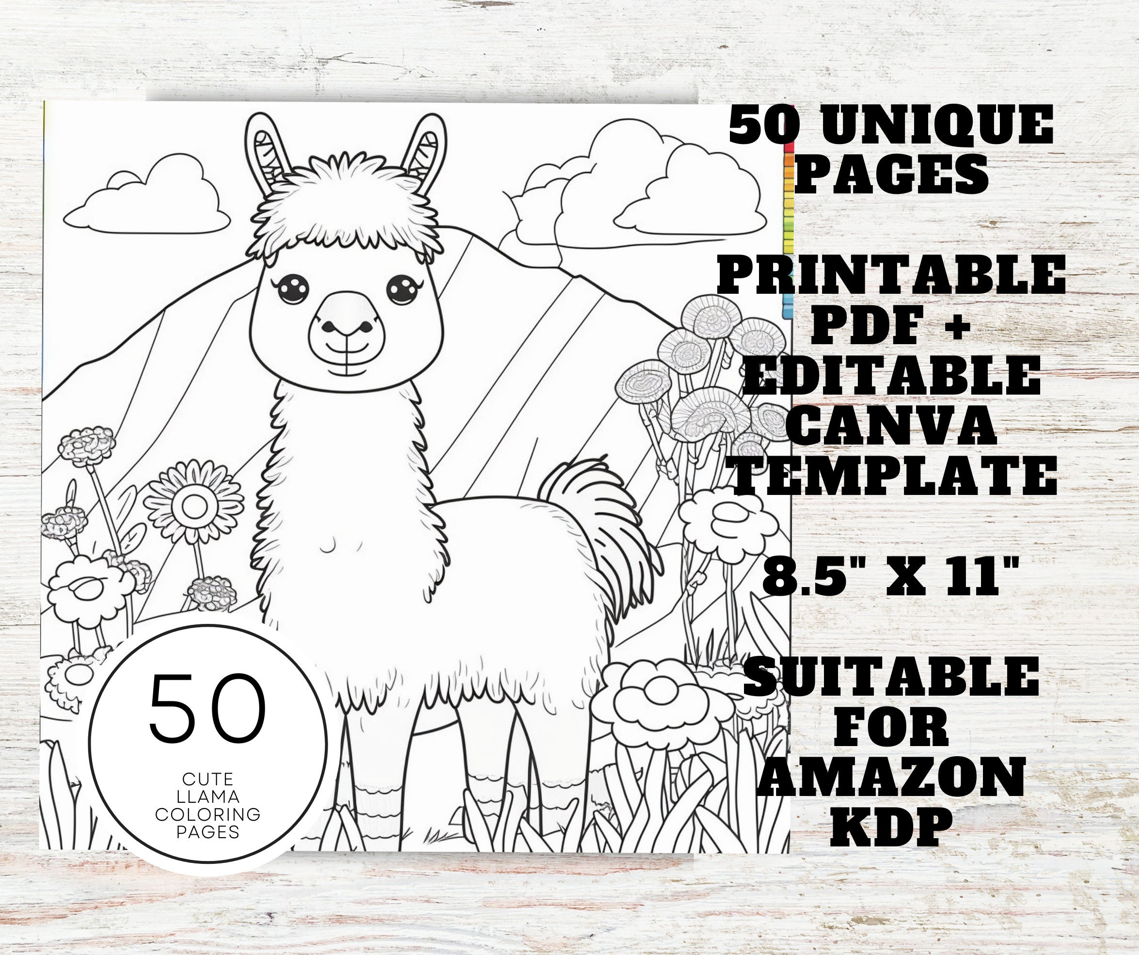 KDP Interior 50 Cute Llama Coloring Pages 8.5 X 11 Printable PDF Kids ...