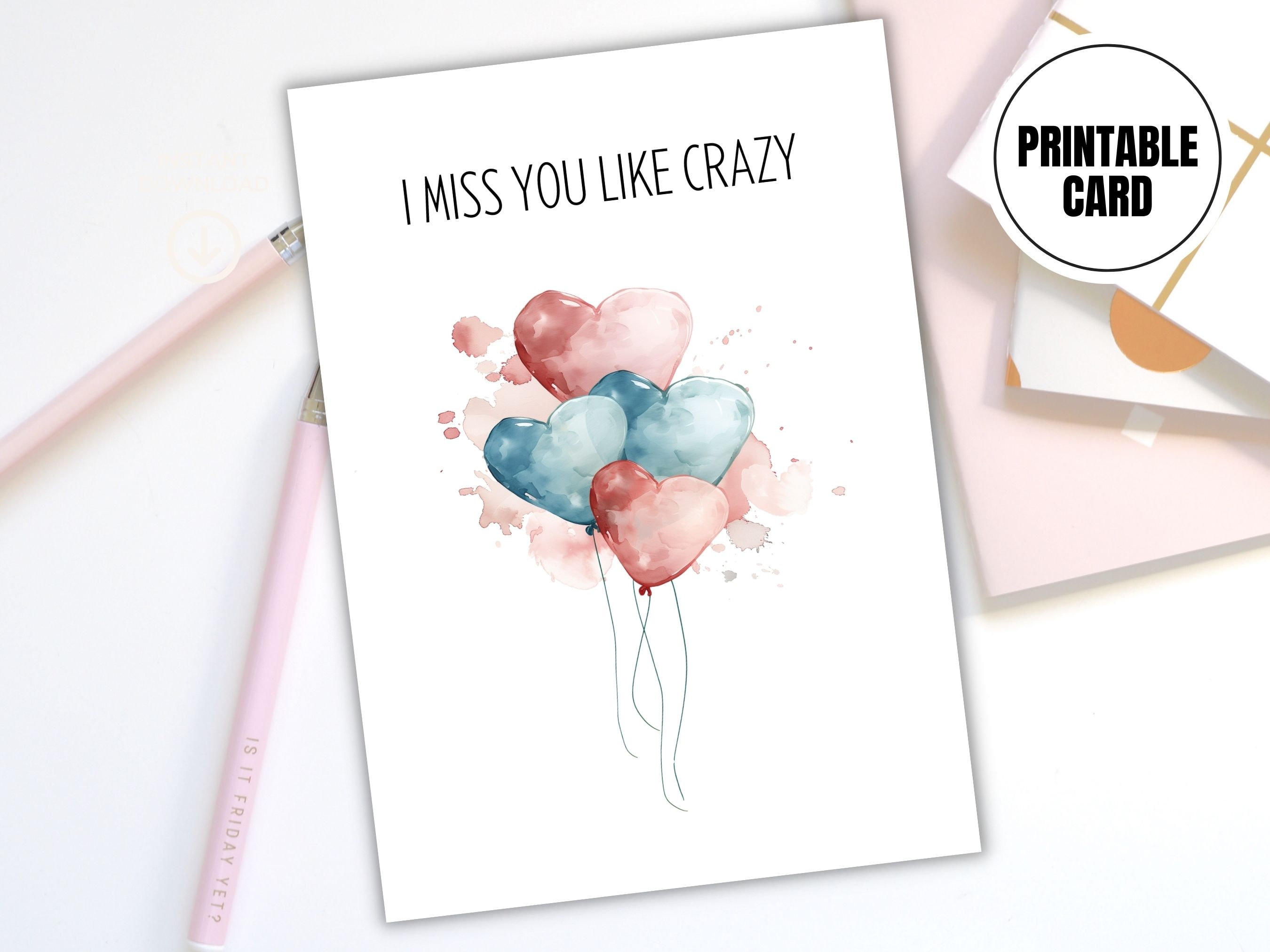 Printable I Miss You Card - Digital Download - Minimalist Watercolor ...