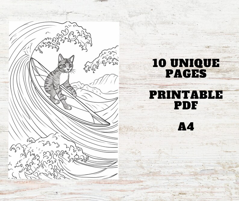 10 Cat Surfer Coloring Pages Printable PDF A4 Funny Cat Surfers Summer ...
