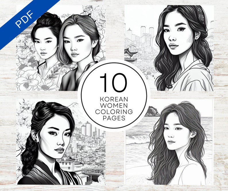 Beautiful Korean Women Faces Coloring Pages | Printable PDF 10 Pages A4 ...