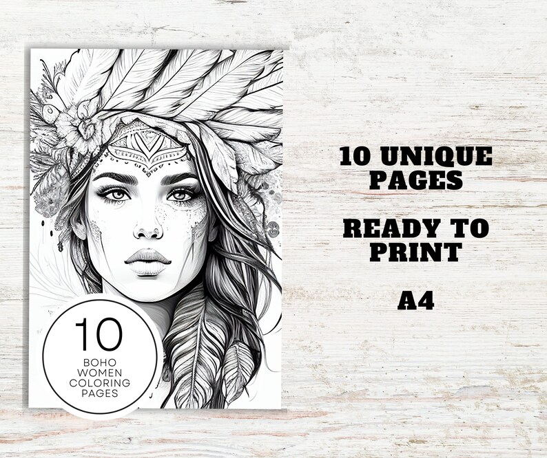 10 Beautiful Boho Women Coloring Pages Printable PDF 10 Pages A4 ...