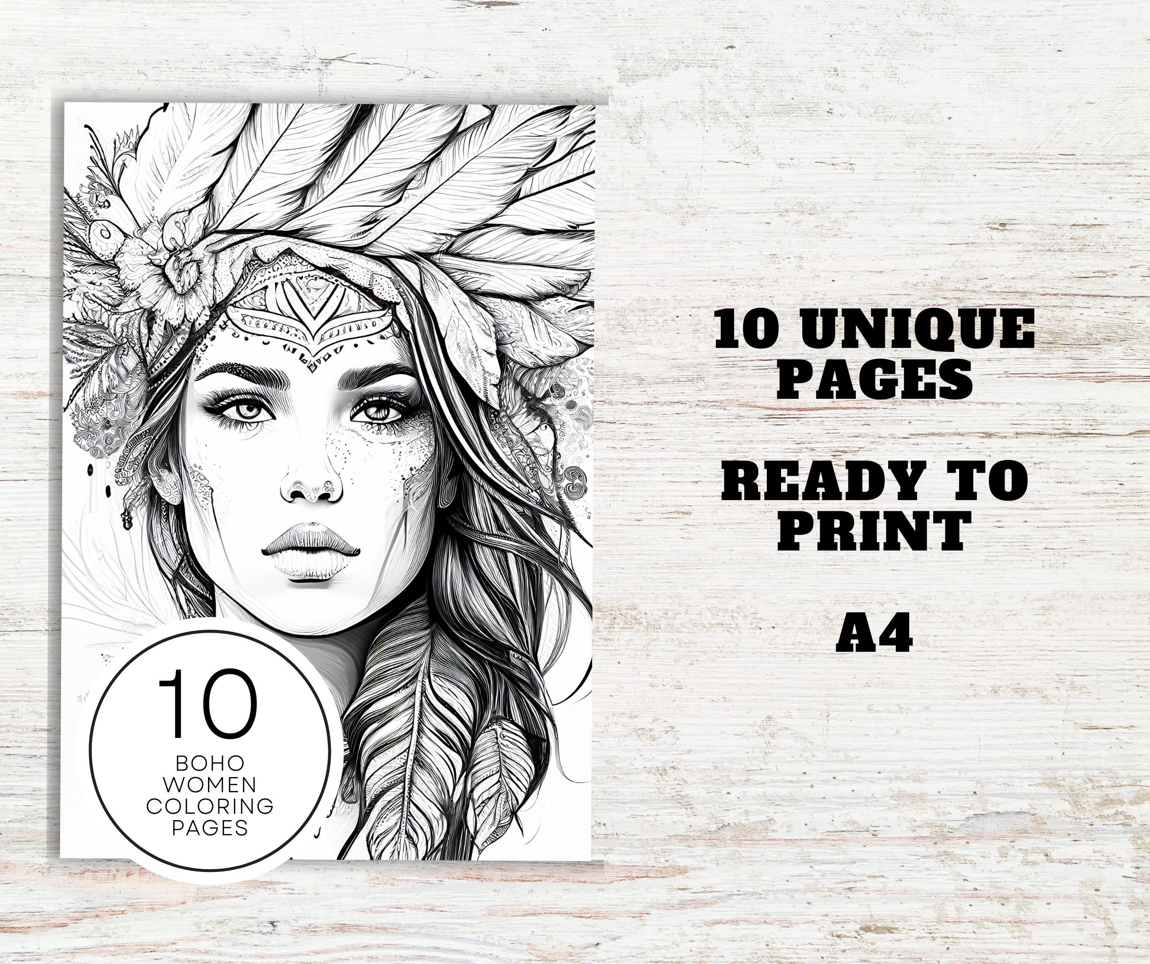 10 Beautiful Boho Women Coloring Pages Printable PDF 10 Pages A4 ...