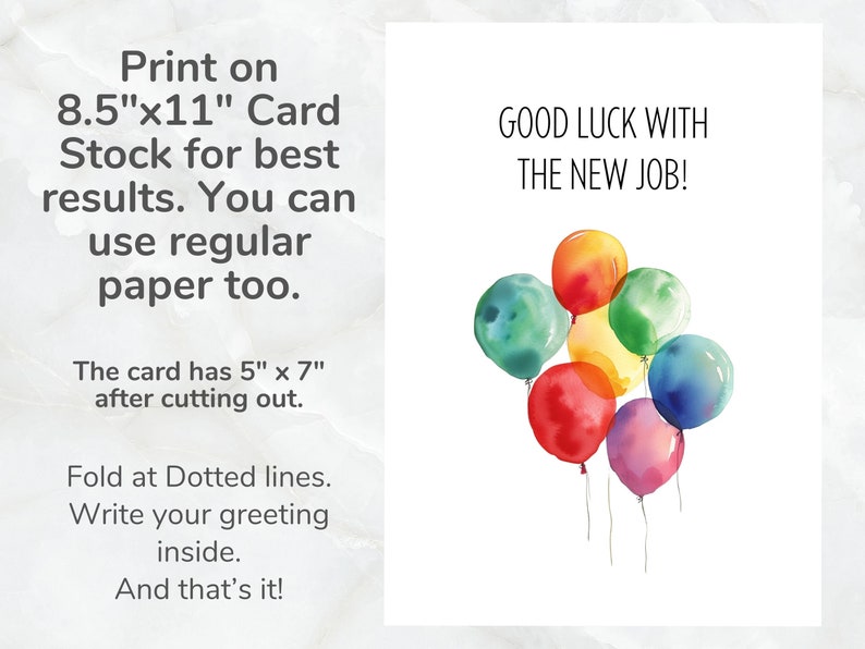 Digital Download Good Luck New Job Card - Printable Watercolor Balloons ...