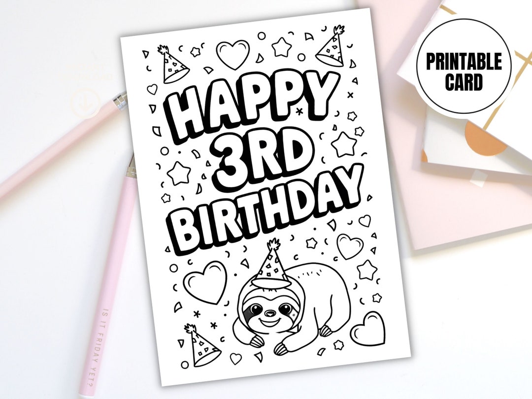 3rd Birthday Sloth Coloring Card | Printable Birthday Card | Digital ...