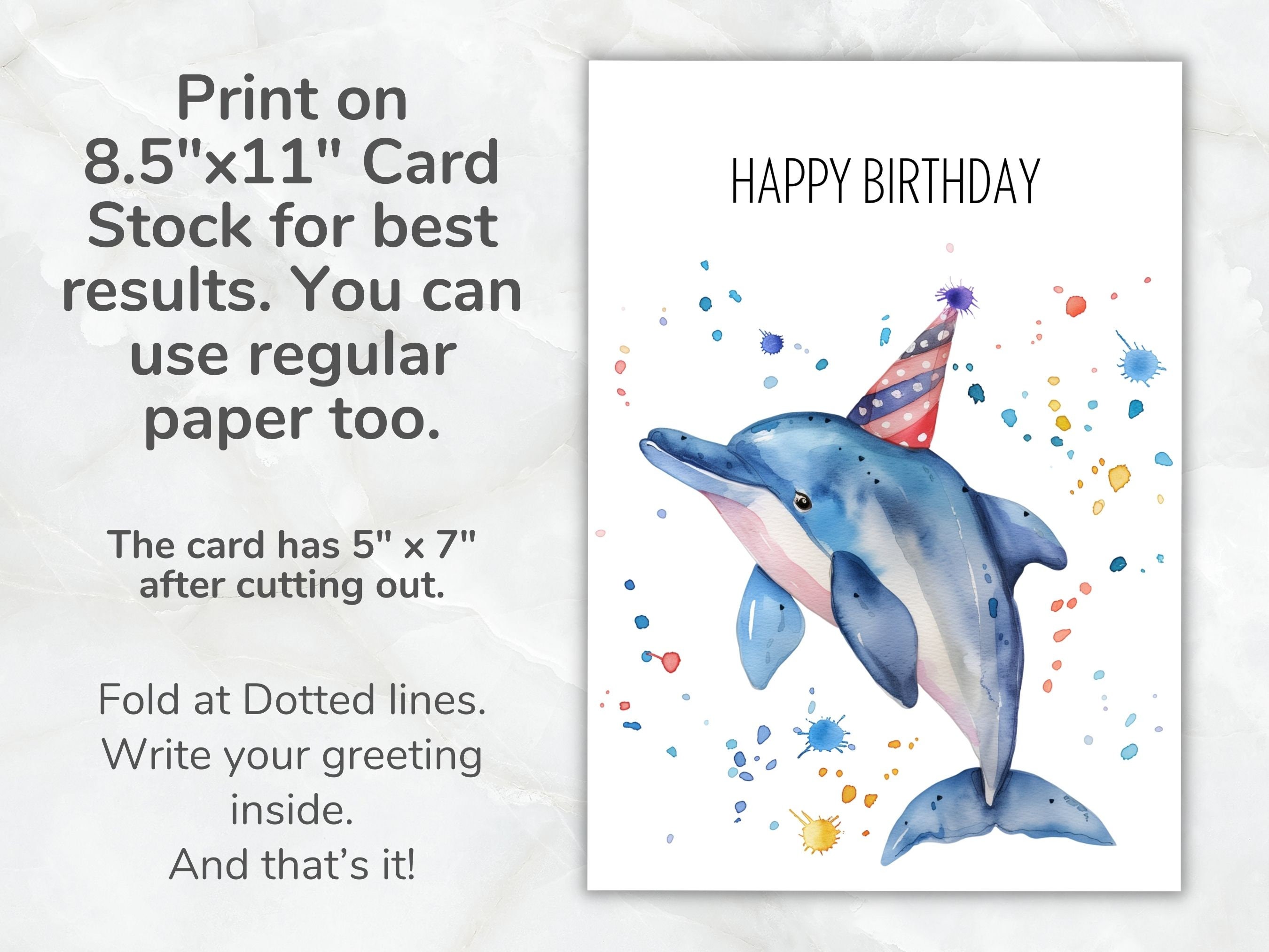 Cute Dolphin Birthday Card, Watercolor Printable Digital Card, Happy ...