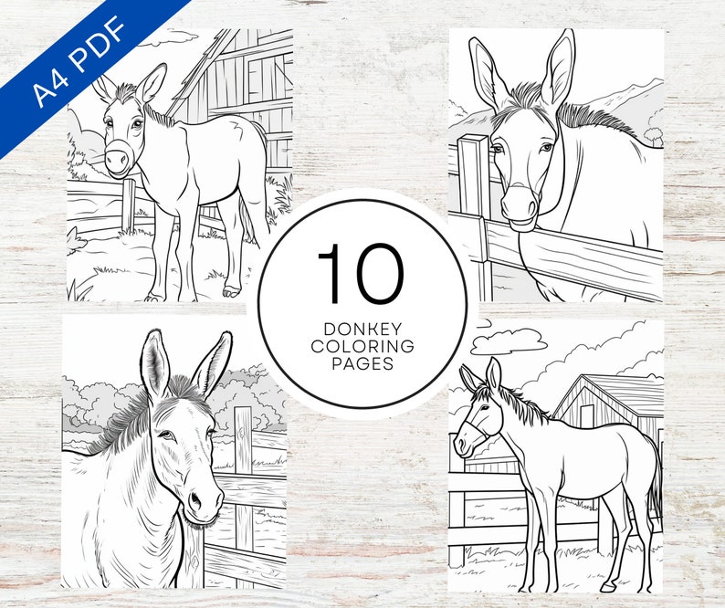 10 Donkey Coloring Pages | Printable PDF A4 | Farm Animal Coloring ...