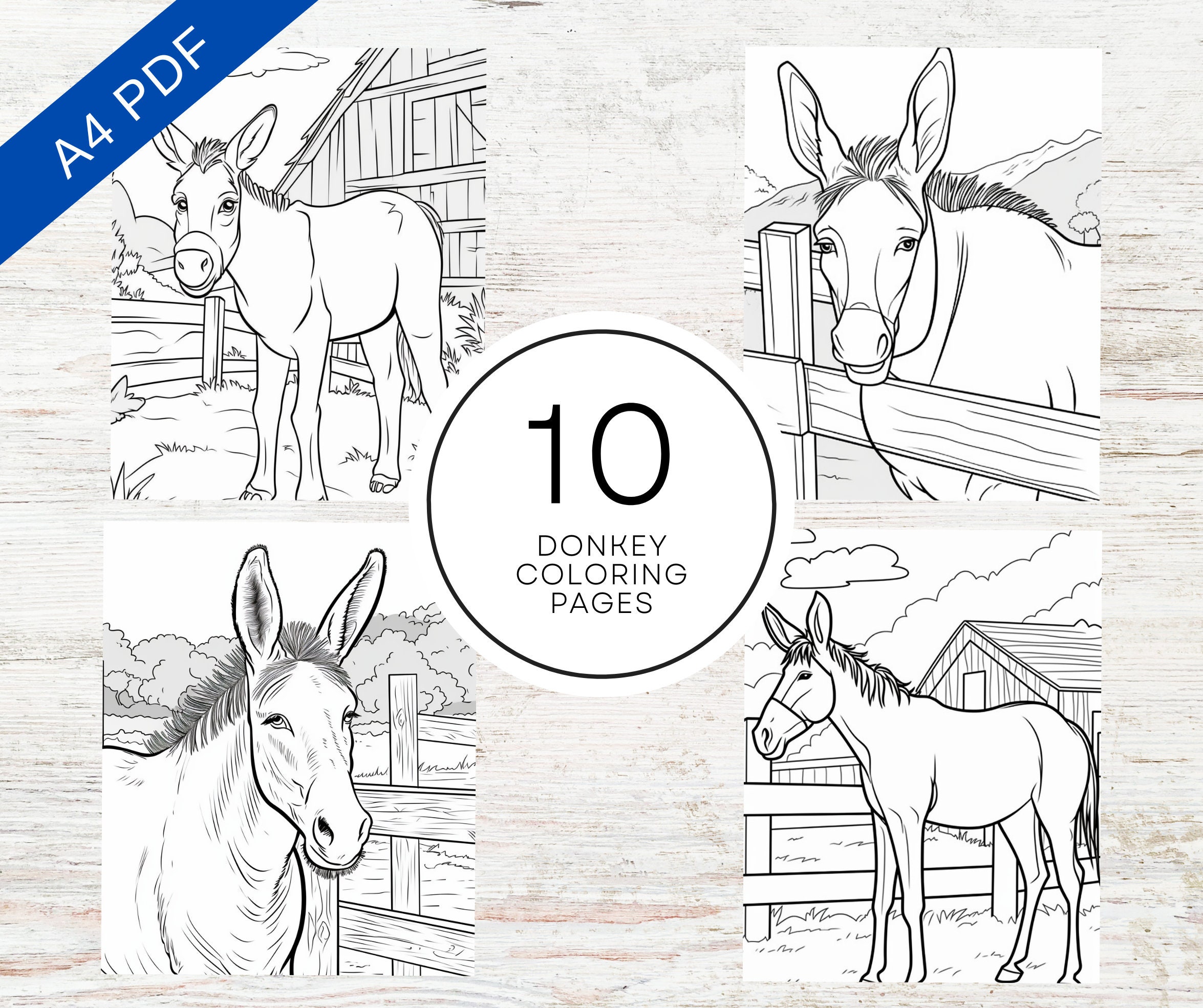 10 Donkey Coloring Pages | Printable PDF A4 | Farm Animal Coloring ...