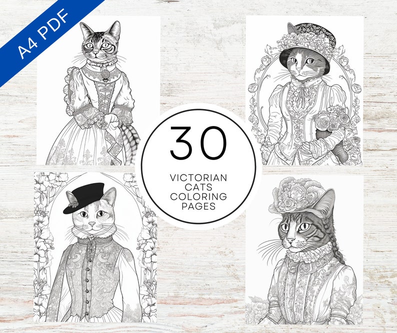 30 Victorian Cats Coloring Pages | Printable PDF 30 Pages A4 | Funny ...
