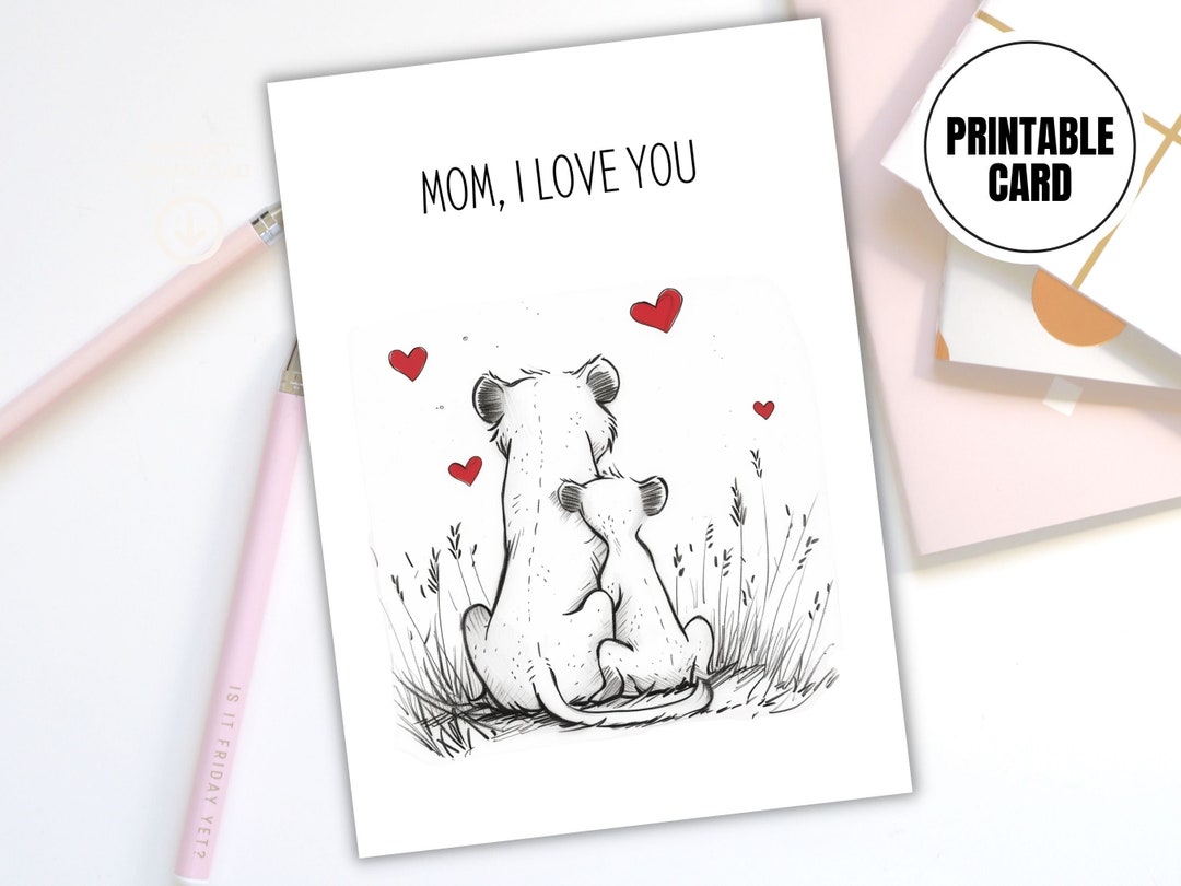Digital Download - Cute Watercolor Mom I Love You Lions Printable Card ...