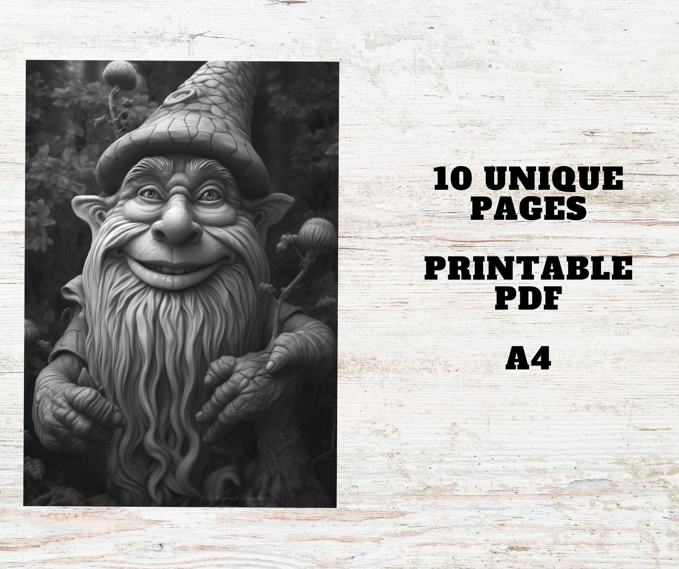 10 Grayscale Gnome Coloring Pages for Adults Digital Fantasy Coloring ...