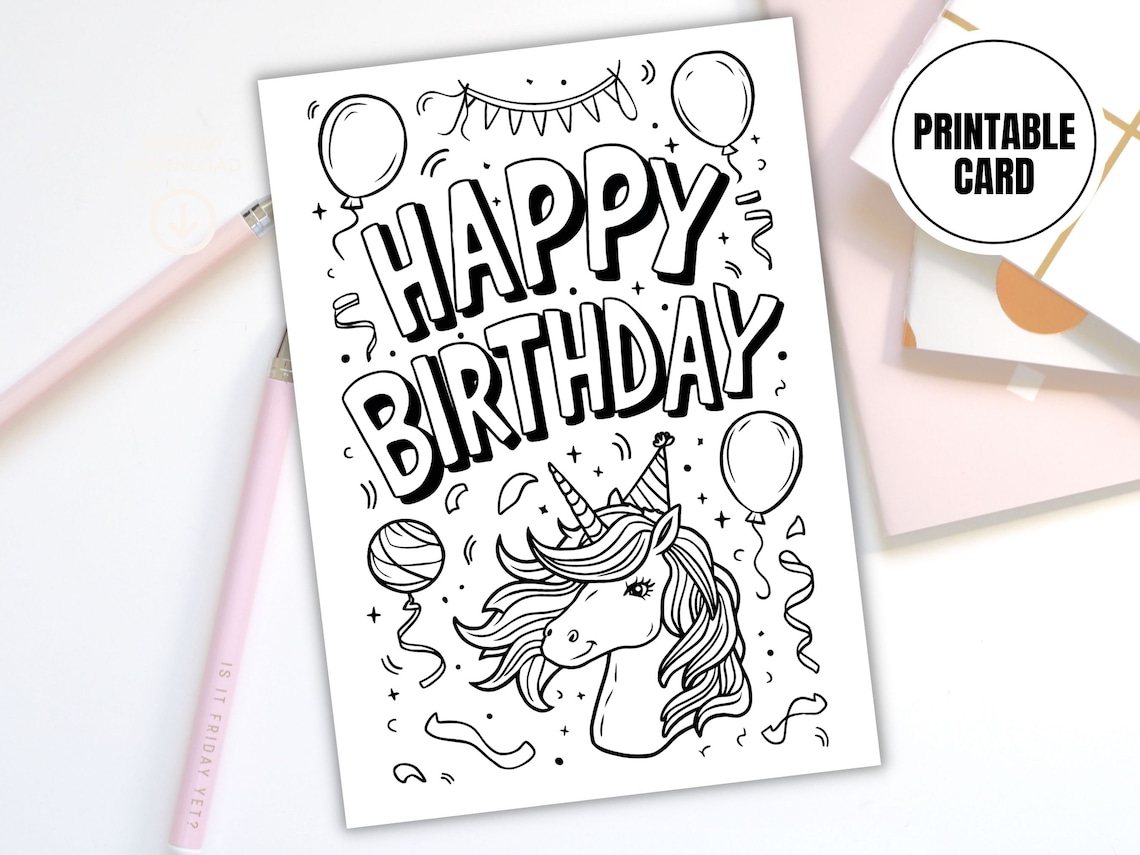 Happy Birthday Unicorn Coloring Card - Printable Digital Download ...