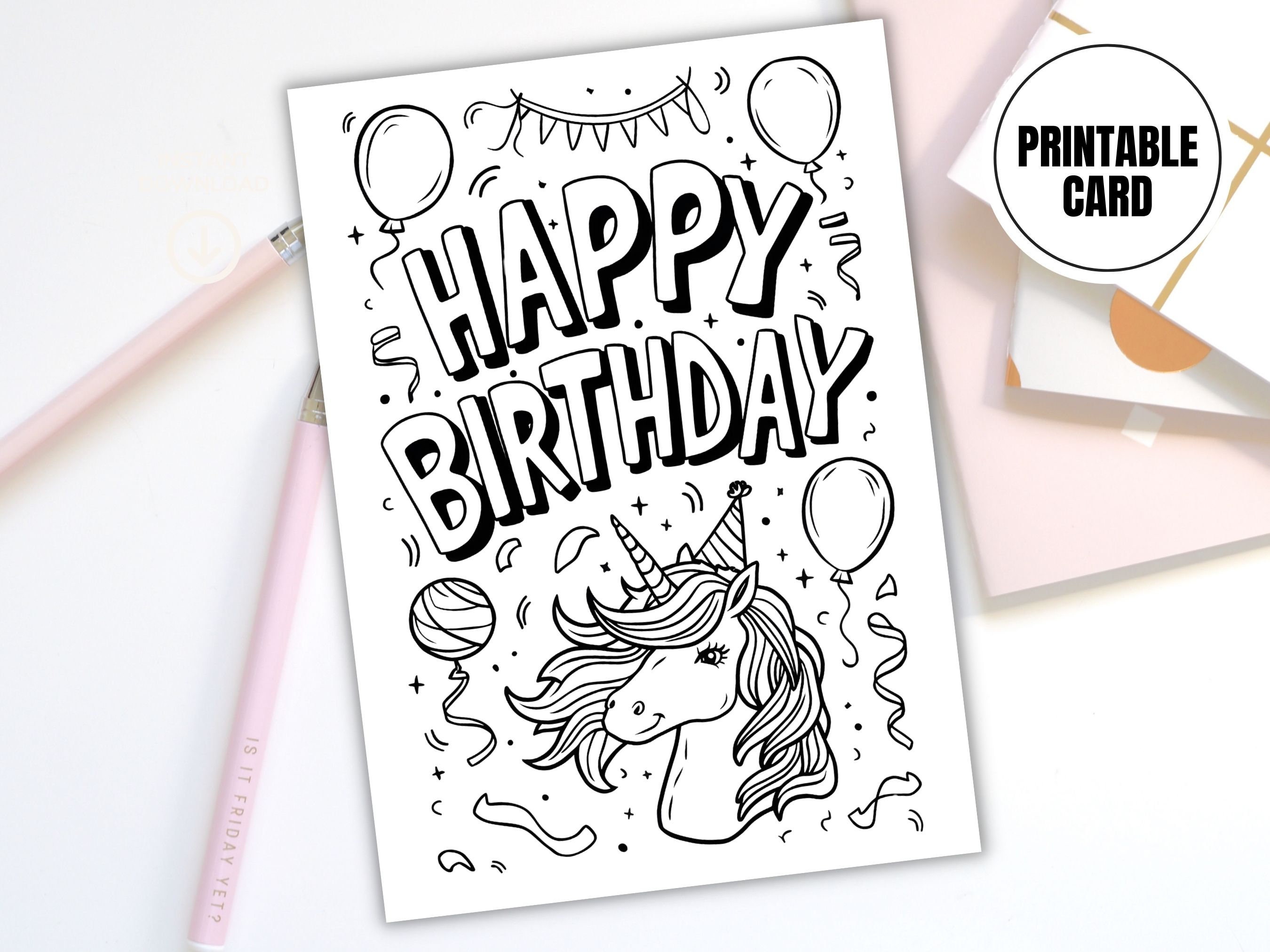 Happy Birthday Unicorn Coloring Card Printable Digital Download Kids ...