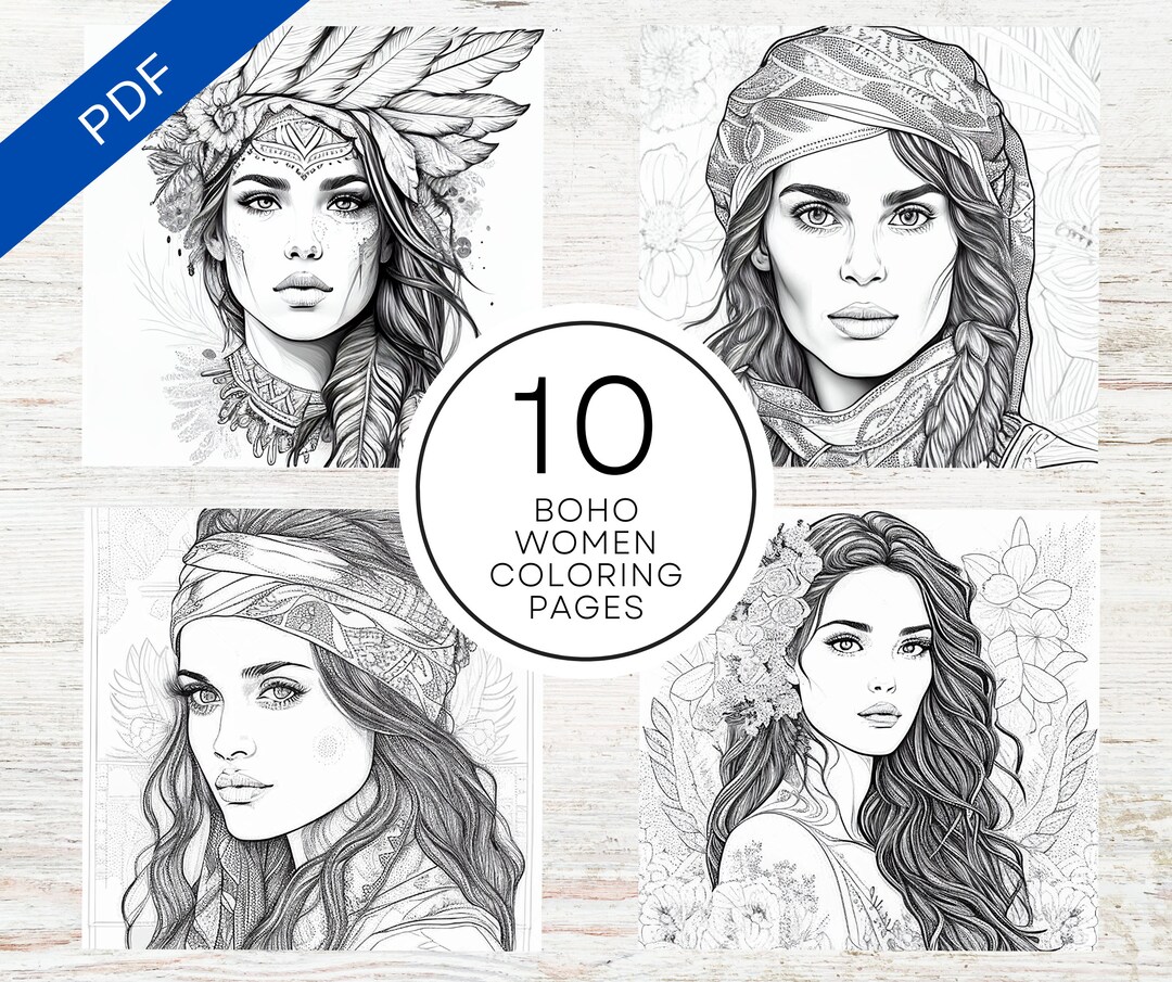 10 Beautiful Boho Women Coloring Pages Printable PDF 10 Pages A4 ...